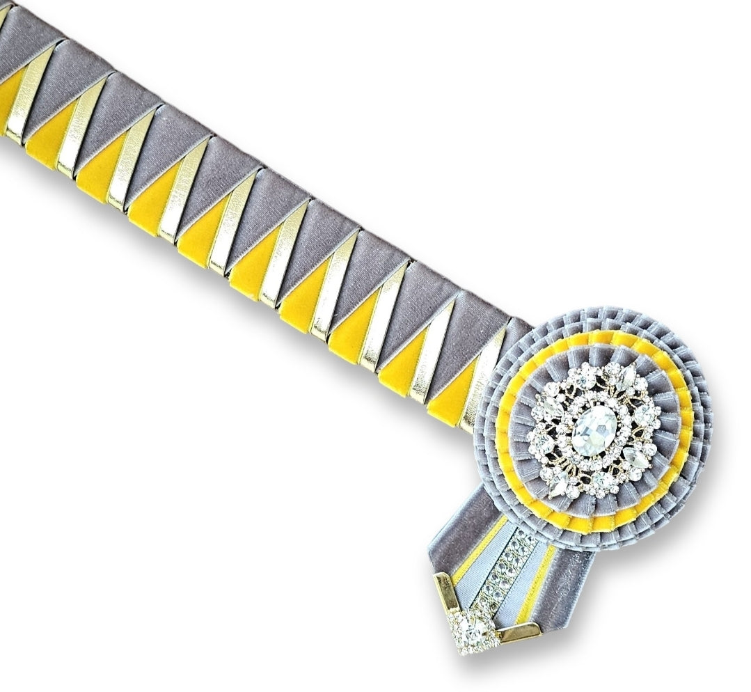 Grey, Yellow Gold & Gold Velvet Sharkstooth Browband – Classique Equine